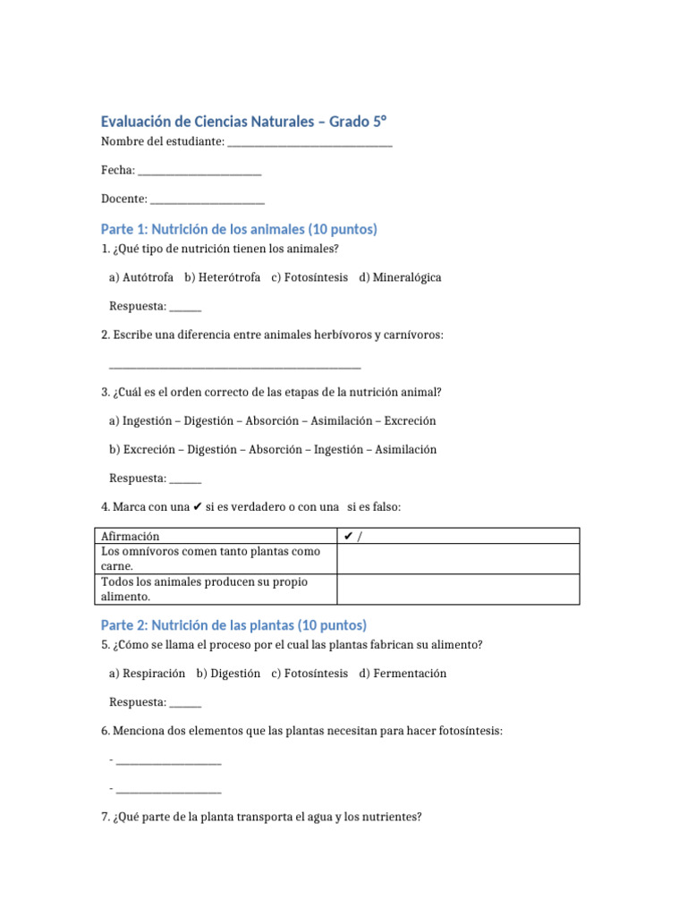 Evaluacion Ciencias Quinto Grado | PDF