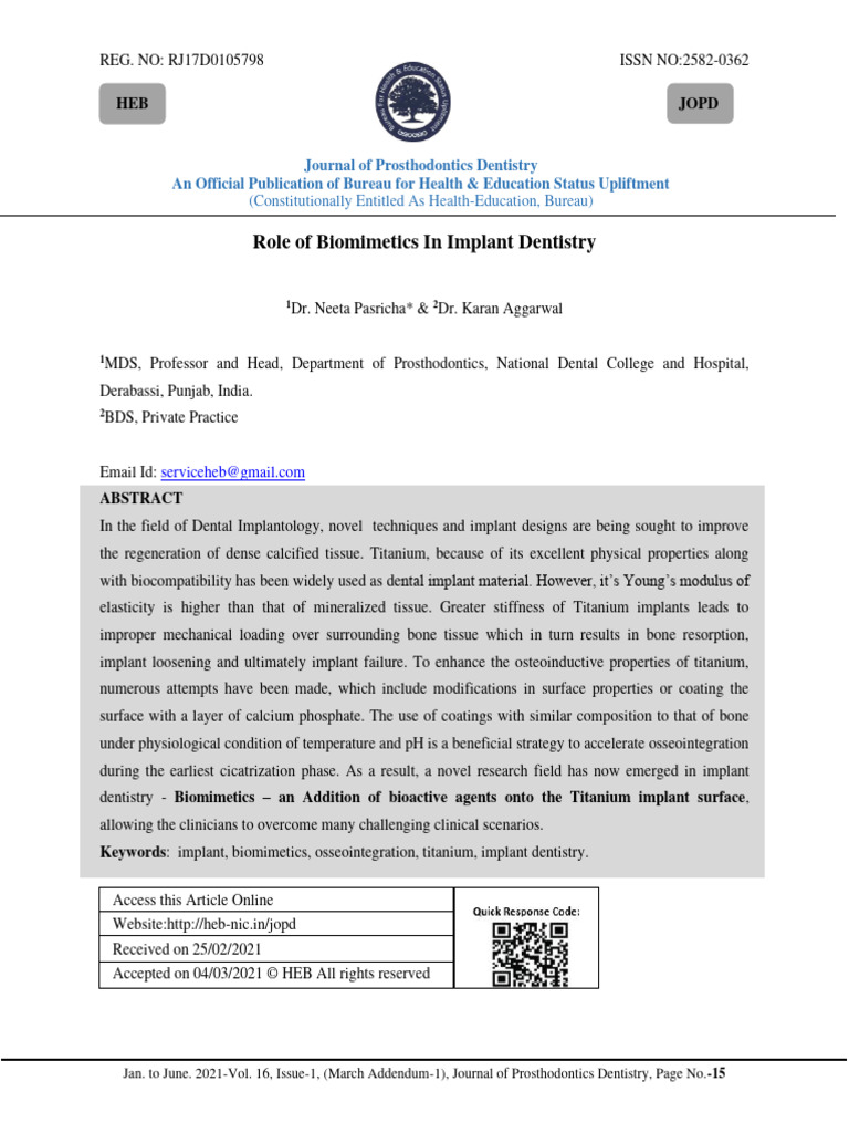 Role of Biomimetics in Implant Dentistry | PDF | Implant (Medicine) | Bone