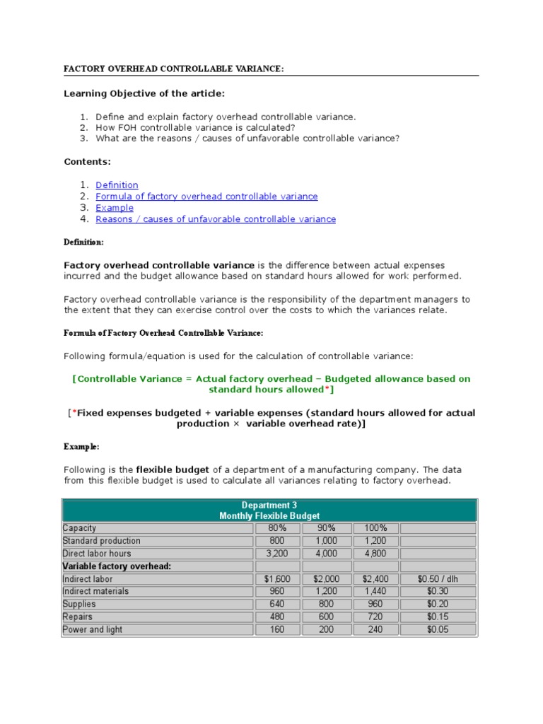 Formula of Factory Overhead Controllable Variance Example Reasons ...