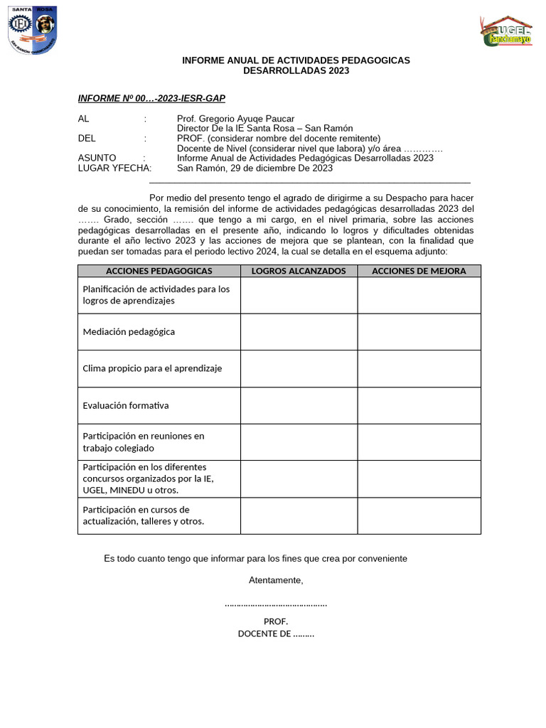 Informe Anual de Acciones Pedagogicas | PDF