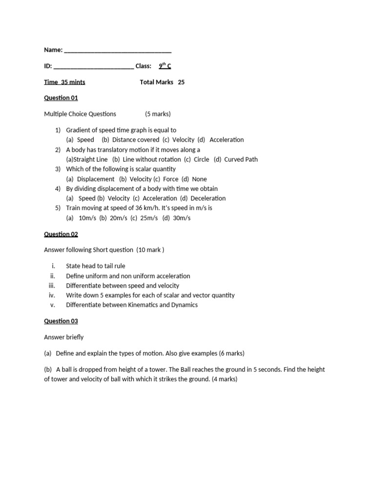 9th Grade Physics Motion Exam Questions | PDF