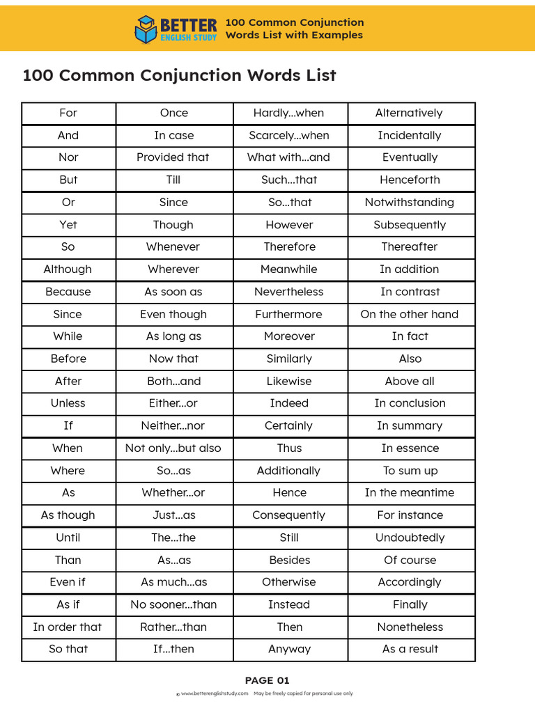 100 Common Conjunction Words List in English | PDF