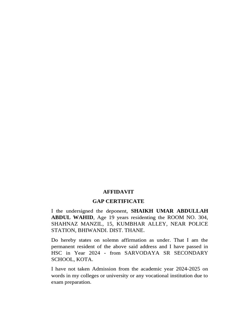 Gap Certificate Affidavit English | PDF