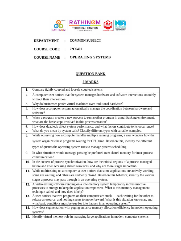 22cs401 QB - II Cse, Cse (RL), Cse (Aiml), It | PDF | Operating System | Process (Computing)