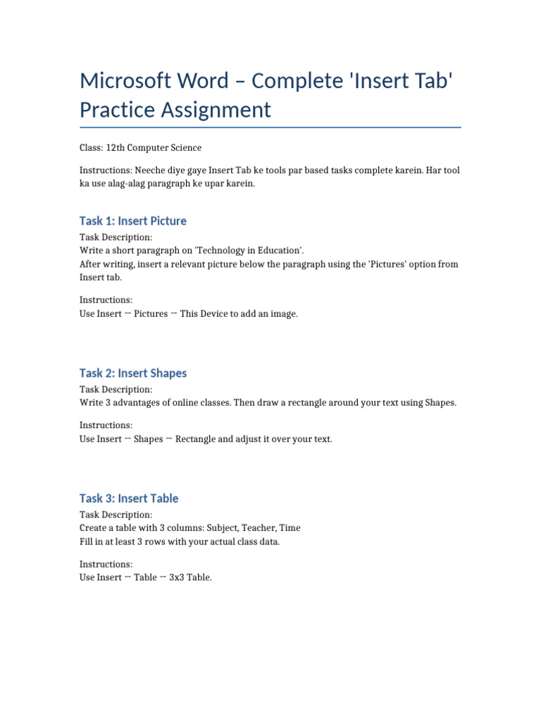 MS Word Insert Tab Practice Assignment | PDF