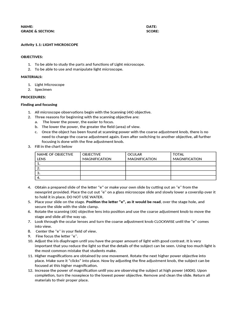 LIGHT MICROSCOPE Lab Activity | PDF | Microscope | Glass Applications