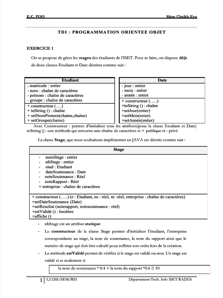 Td1 Programmation Orientee Objet Ec Poo Mme Cheikh Eya | PDF