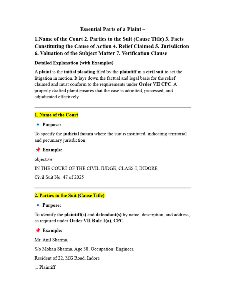 Essential Parts of A Plaint | PDF | Lawsuit | Judiciaries