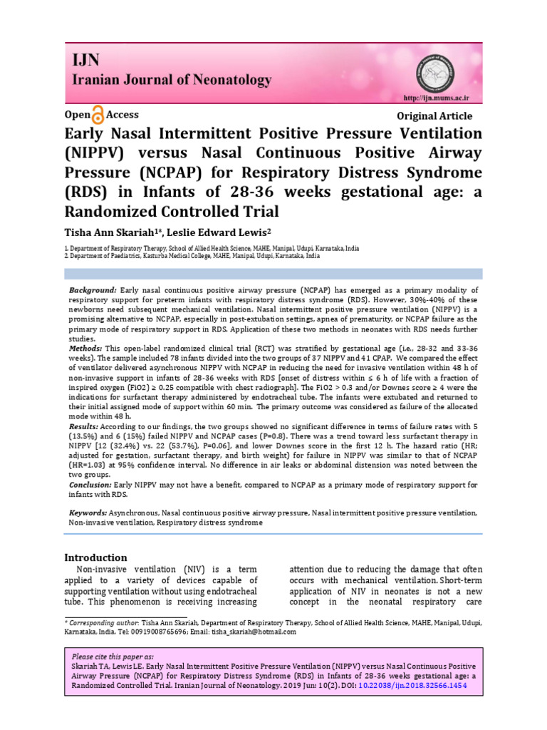 Early Nasal Intermittent Positive Pressure Ventilation NIPPV Versus ...