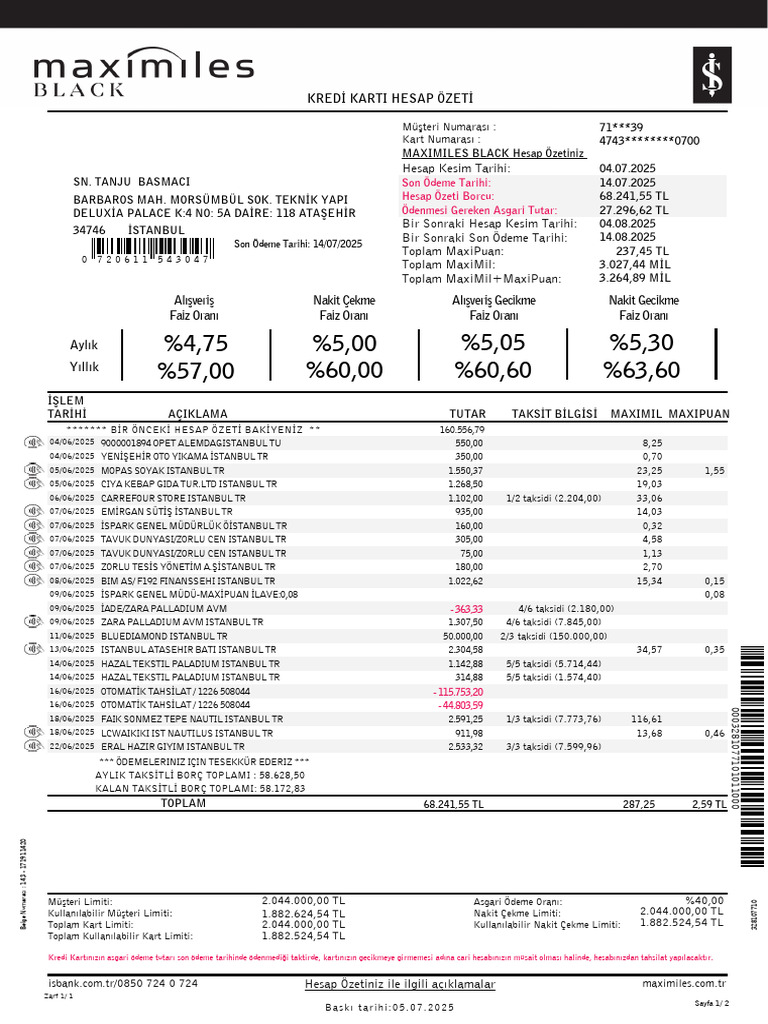 TANJU BASMACI - Kredi Kartı Hesap Özeti - 4743xxxxxxxx0700 | PDF