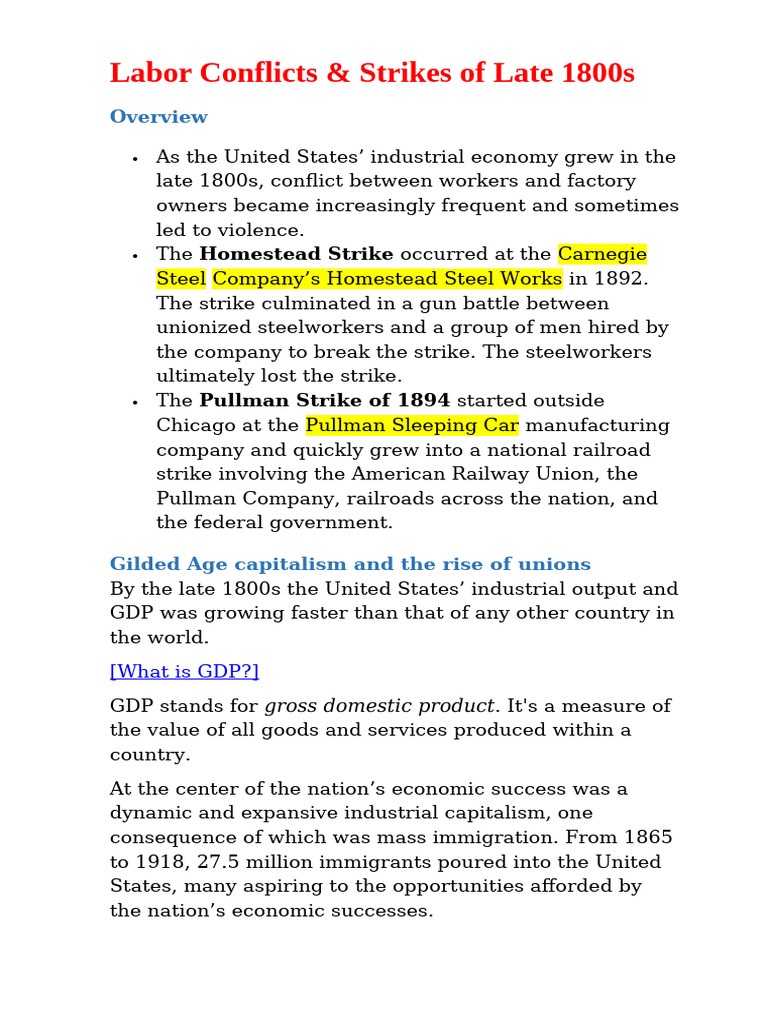 Labor Conflicts Strikes of Late 1800s | PDF | Labor Related ...
