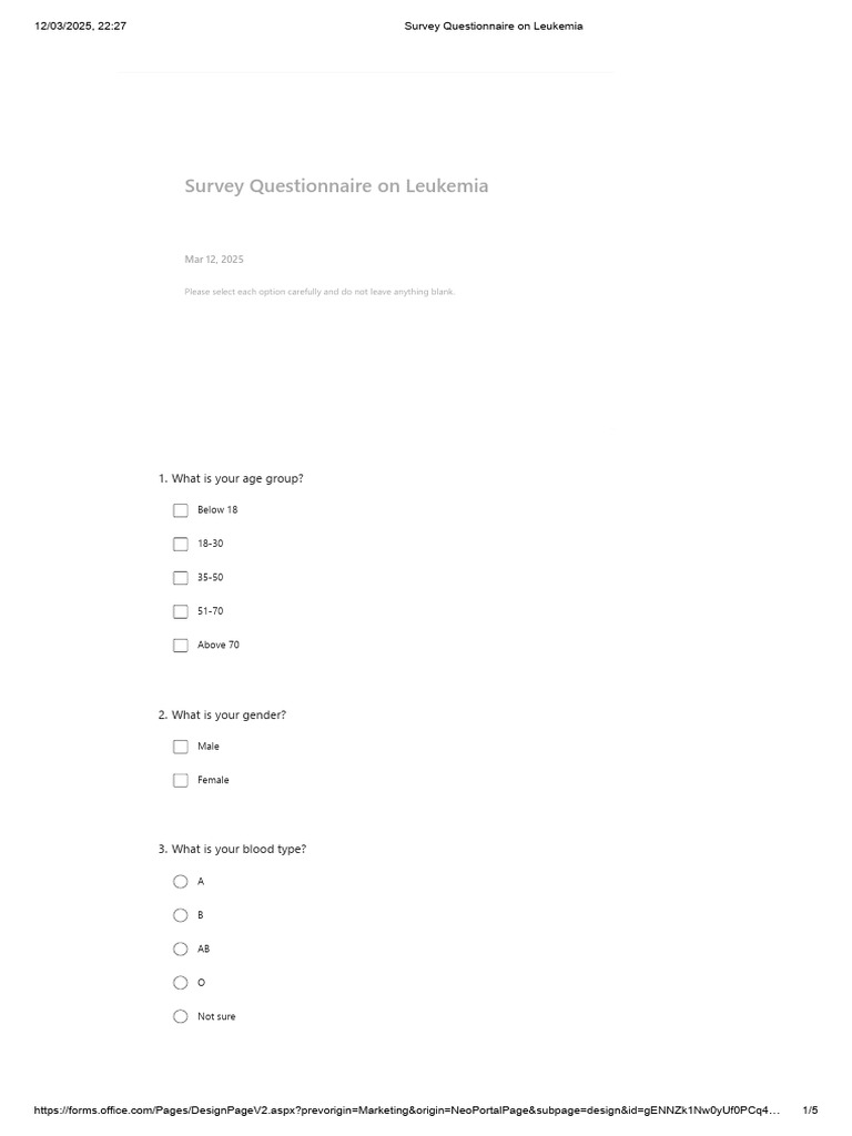 Survey Questionnaire On Leukemia | PDF | Leukemia | Neoplasms