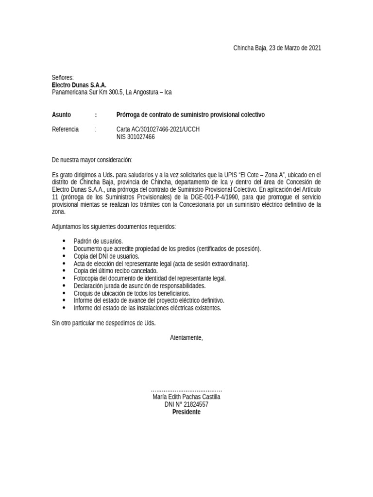 Carta Solicitando Prórroga Del Suministro Provisional Colectivo | PDF