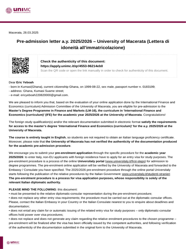 LM16 Non UE Preadmission Letter 25 26 (Eric Yeboah) | PDF | Travel Visa ...