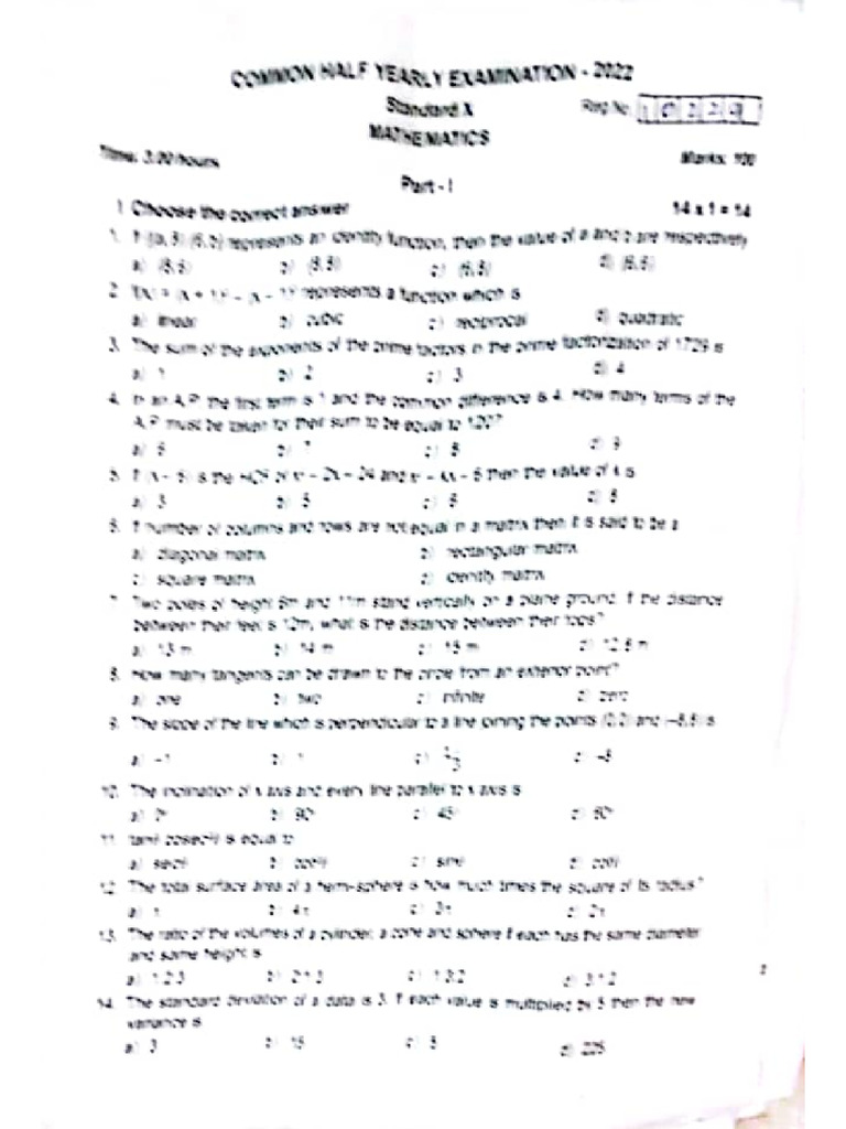 10th Maths EM Half Yearly Exam 2022 Original Question Paper Thiruvallur District English Medium ...