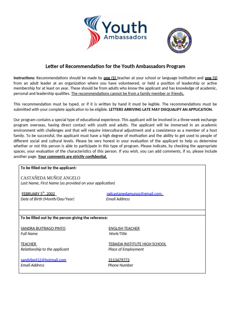 Youth Recommendation Form (English) Angelo | PDF | Leadership | Human Communication