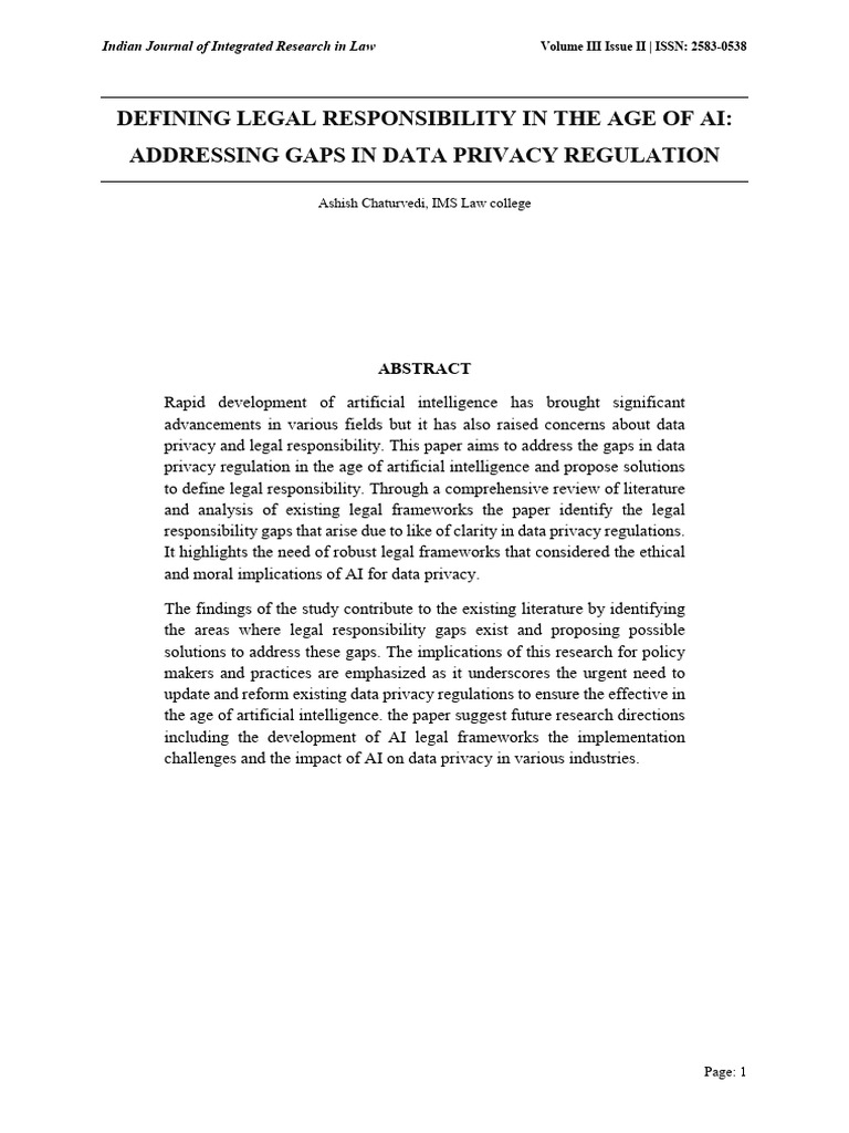 Defining Legal Responsibility in The Age of Ai Addressing Gaps in Data ...