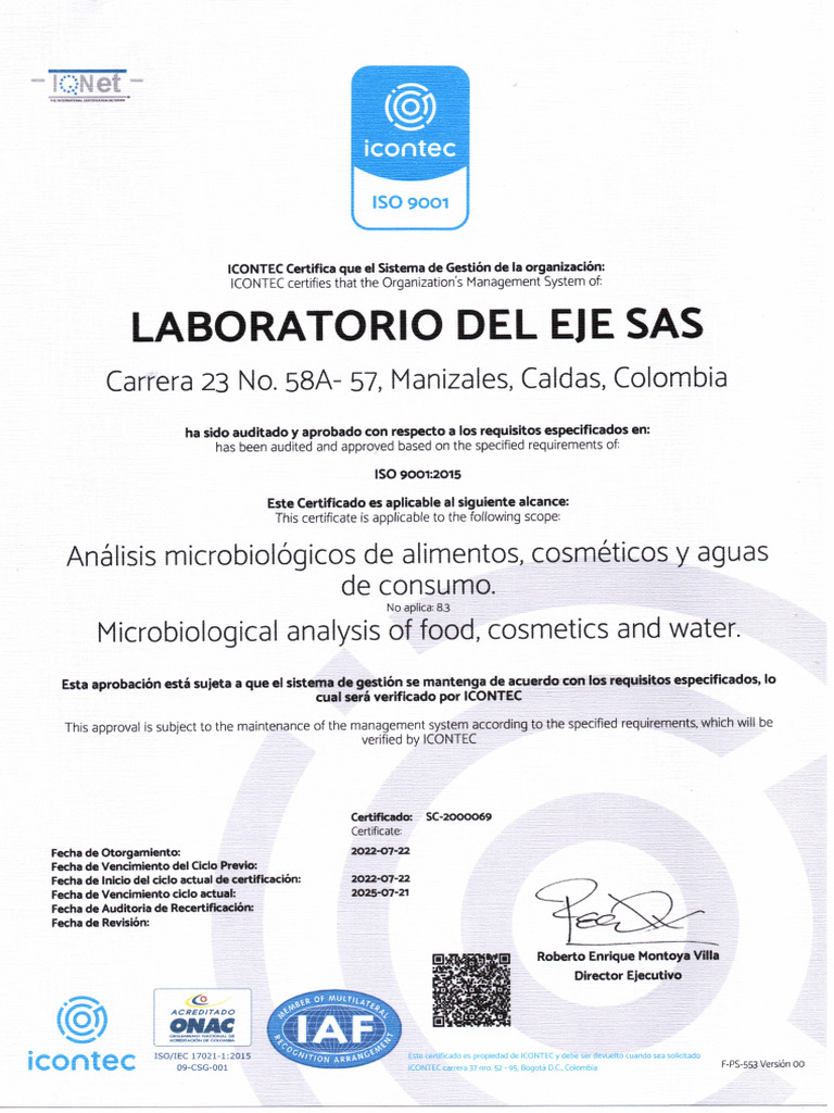 Certificados Iso 9001 - Laboratorio Del Eje | PDF