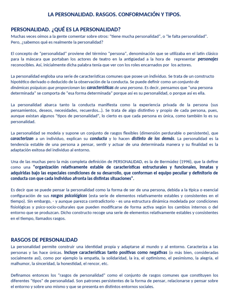 Tipos y Rasgos de Personalidad | PDF | Temperamento | Sicología