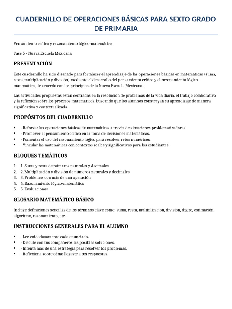 Cuadernillo Operaciones Basicas 6to Primaria | PDF | Sustracción | Matemáticas