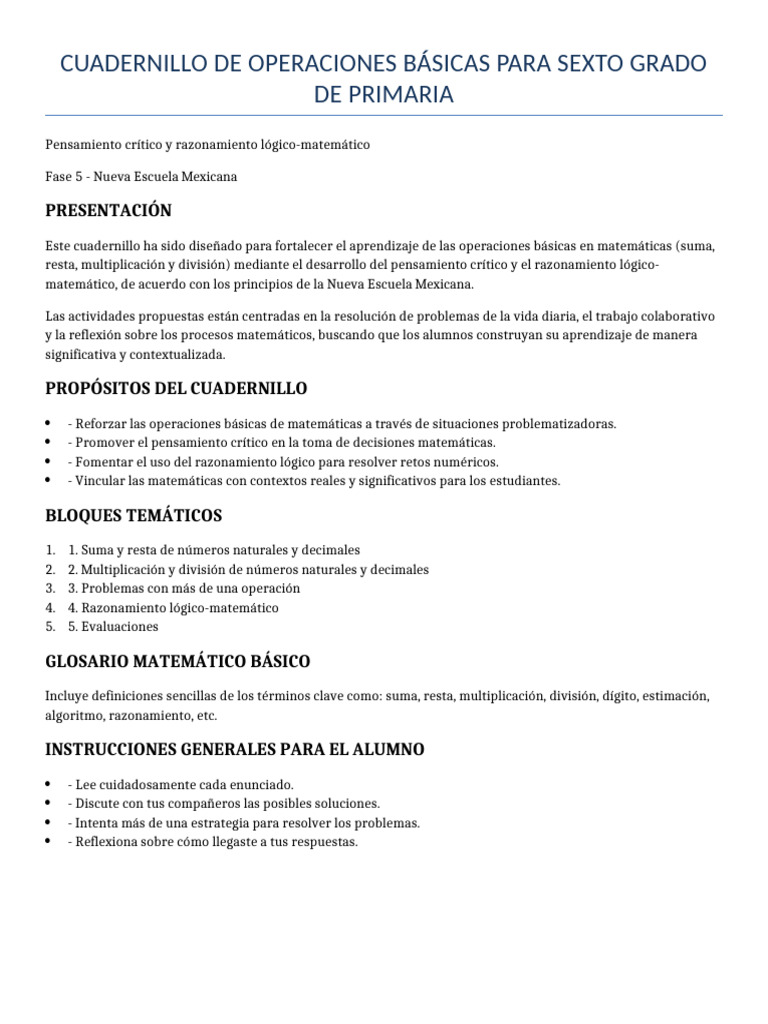 Cuadernillo Operaciones Basicas 6to Primaria Resuelto | PDF | Sustracción | Matemáticas