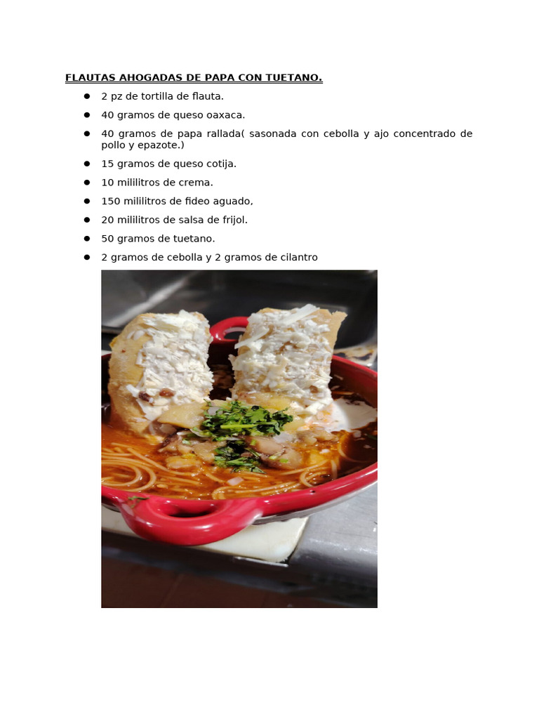 Flautas Ahogadas de Papa Con Fideo y Tuetana | PDF