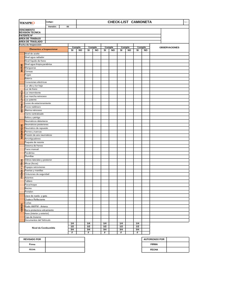 Checklist de Inspección de Camioneta | PDF | Neumático | Vehículos con ...