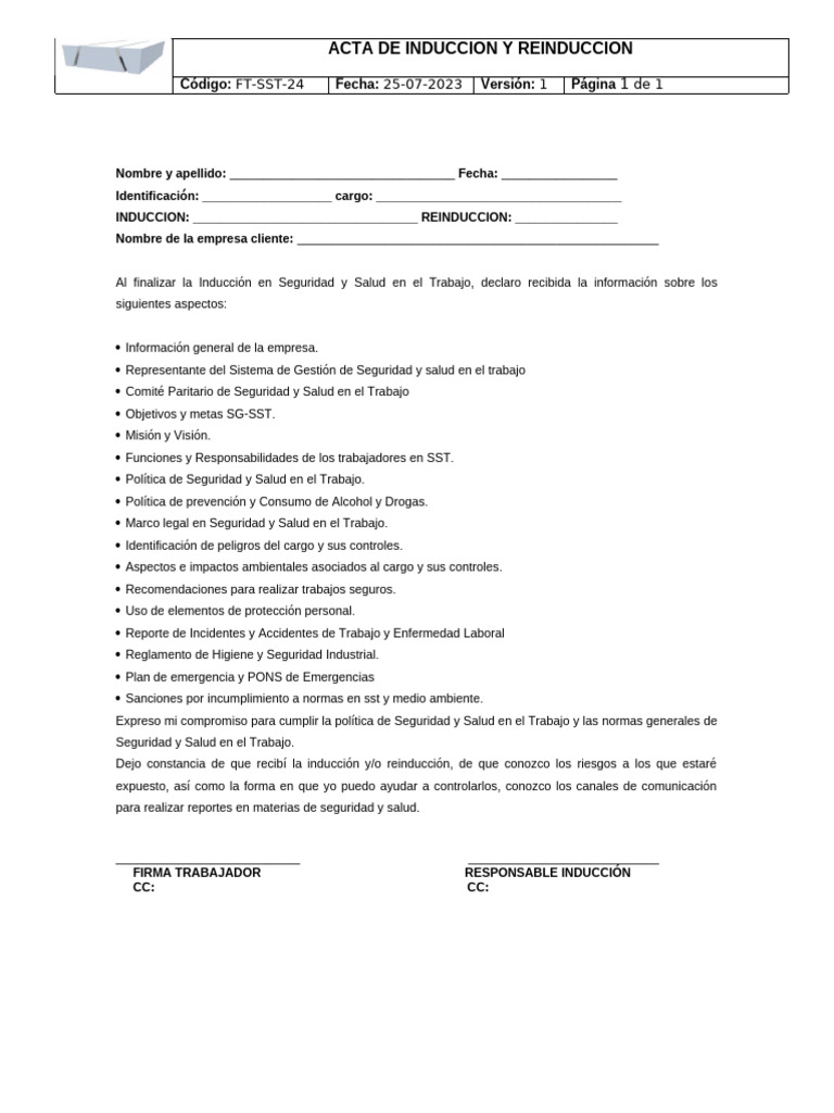 FT-SST-024 Acta de Inducción y Reinduccion | PDF