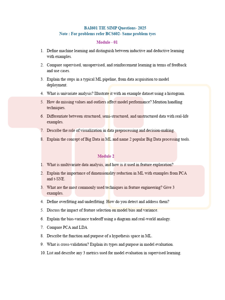 BAI602 VTU Machine Learning Questions | PDF | Machine Learning ...