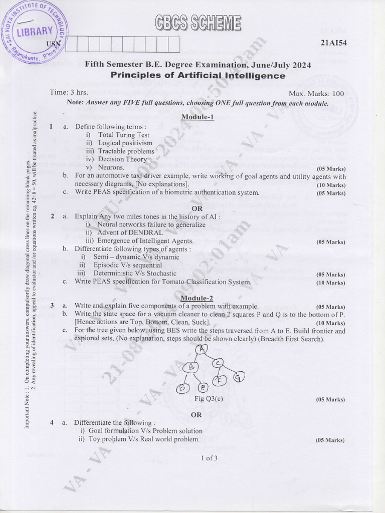 Principles of Artificial Intelligence 21AI54 June-July 2024 | PDF