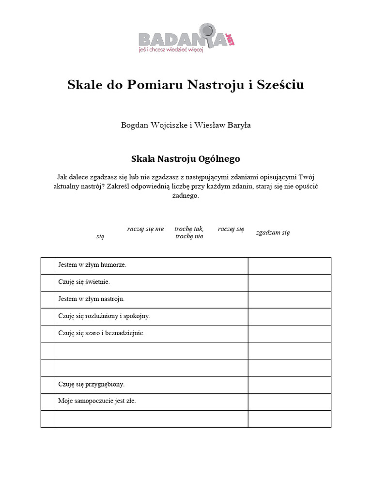 Skale Do Pomiaru Nastroju I Sześciu Emocji1 | PDF