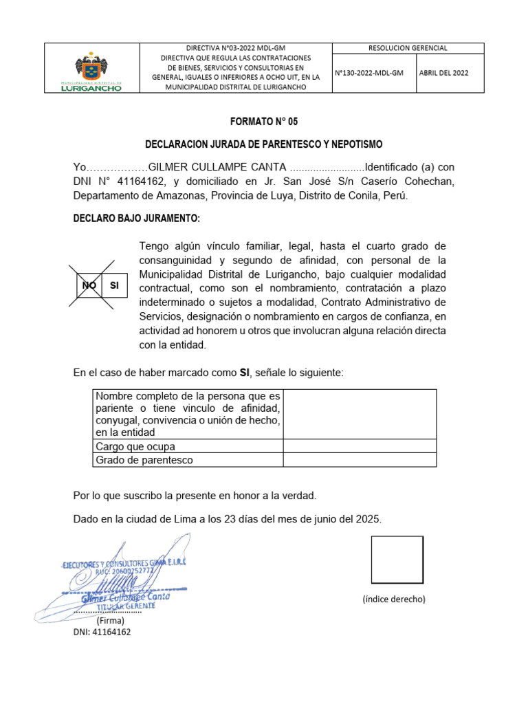 Declaración Jurada de Nepotismo y Parentesco | PDF