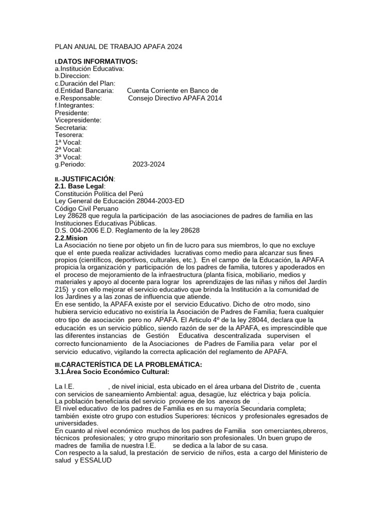 Plan Anual de Trabajo Apafa 2024 | PDF