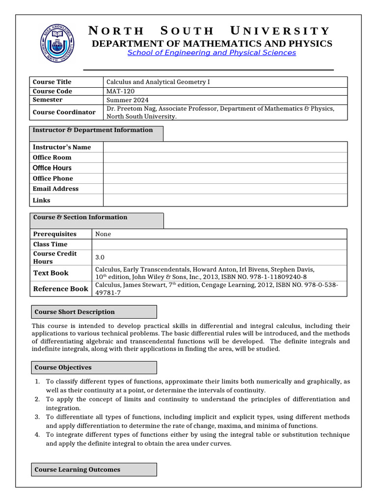 NSU - Course Outline MAT 120 Summer 2024 | PDF | Function (Mathematics ...