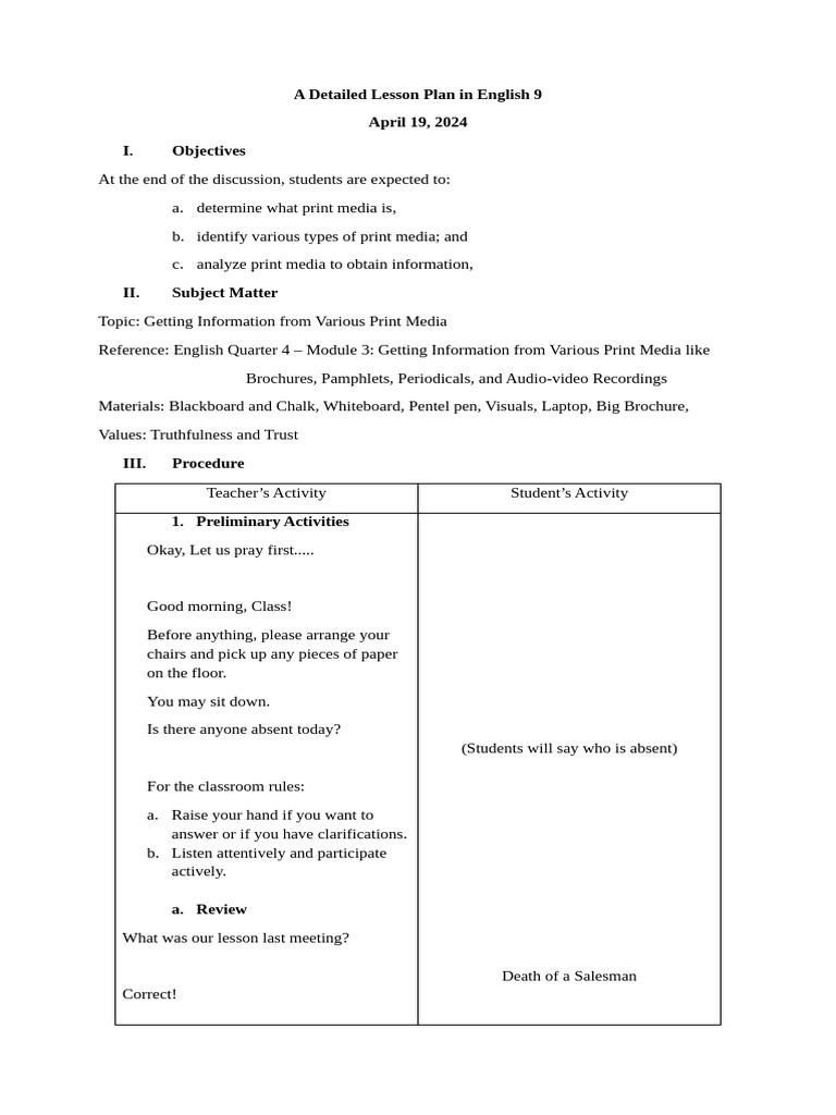 A Detailed Lesson Plan in English | PDF | Mass Media | Newspapers