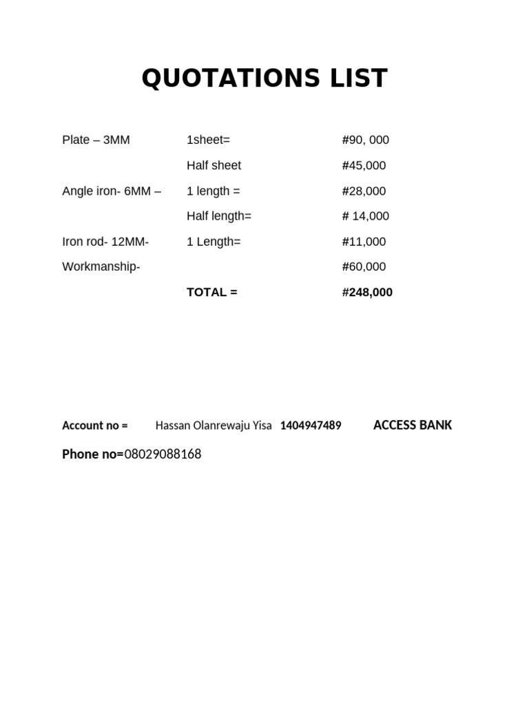 Material Cost Quotation Breakdown | PDF