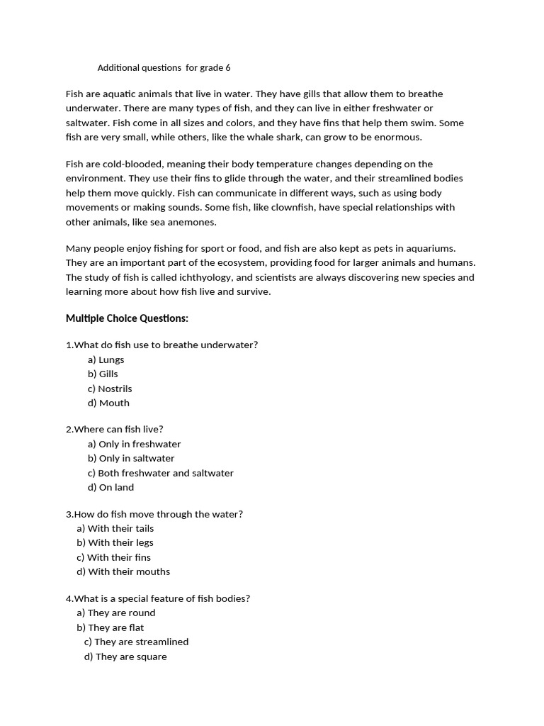Grade 6 Fish and Nature Quiz | PDF | Fish