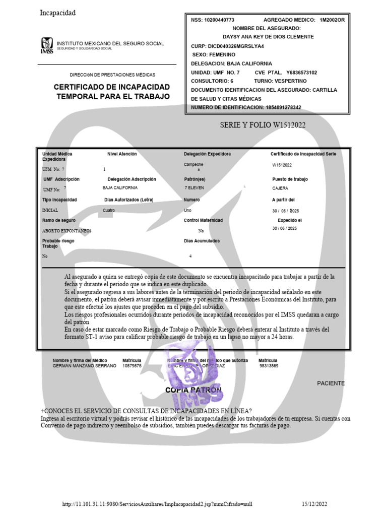 Certificado de Incapacidad IMSS 2022 | PDF