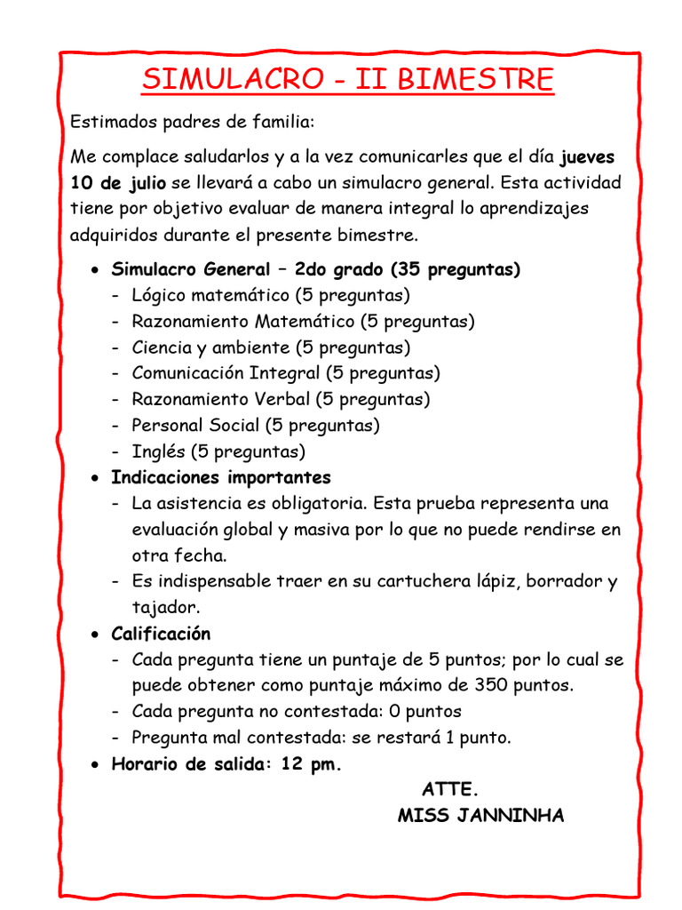 Comunicado Simulacro II Bimestre | PDF