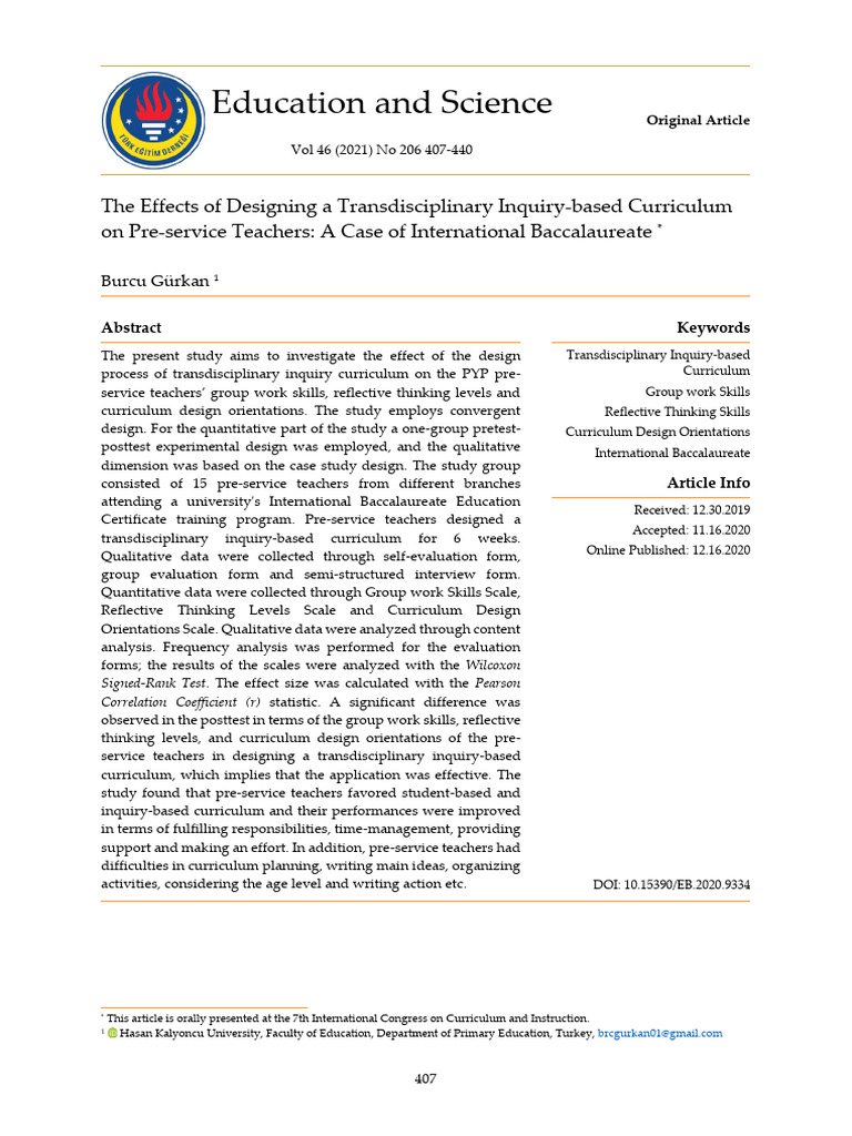 Gürkan (2020) - He Effects of Desingning A Transdisciplinary Inquiry-Based | PDF | Inquiry Based ...