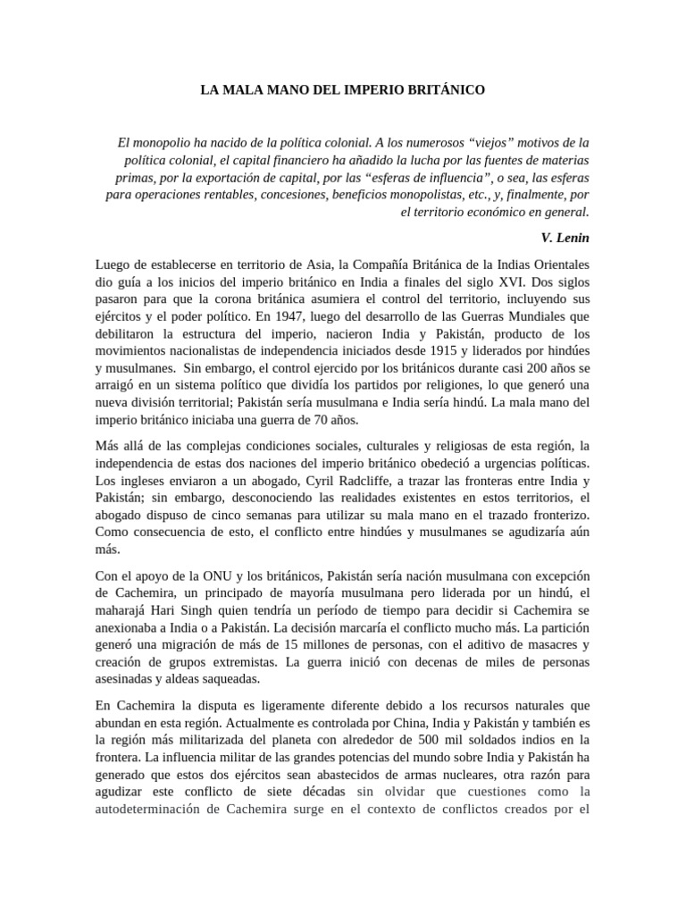 La Mala Mano Del Imperio Británico | PDF | Imperio Británico | Pakistán