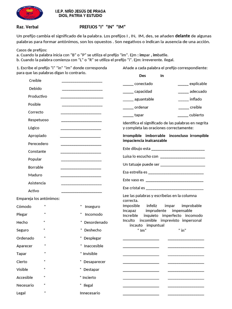 Prefijos "I", "IN" e "IM": Antónimos y Ejemplos | PDF