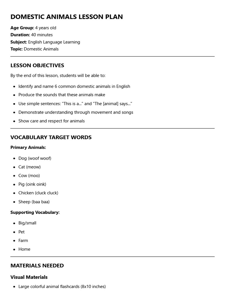 Domestic Animals Lesson Plan for Kids | PDF | Old Mac Donald Had A Farm ...