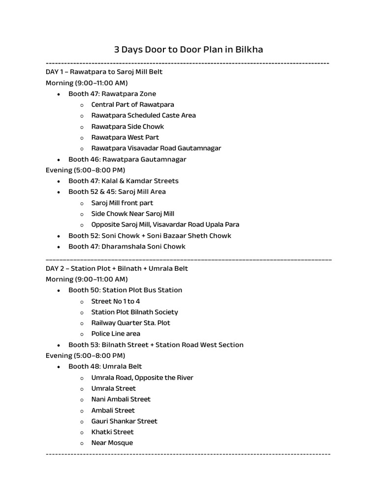 3 Days Door To Door Plan in Bilkha | PDF
