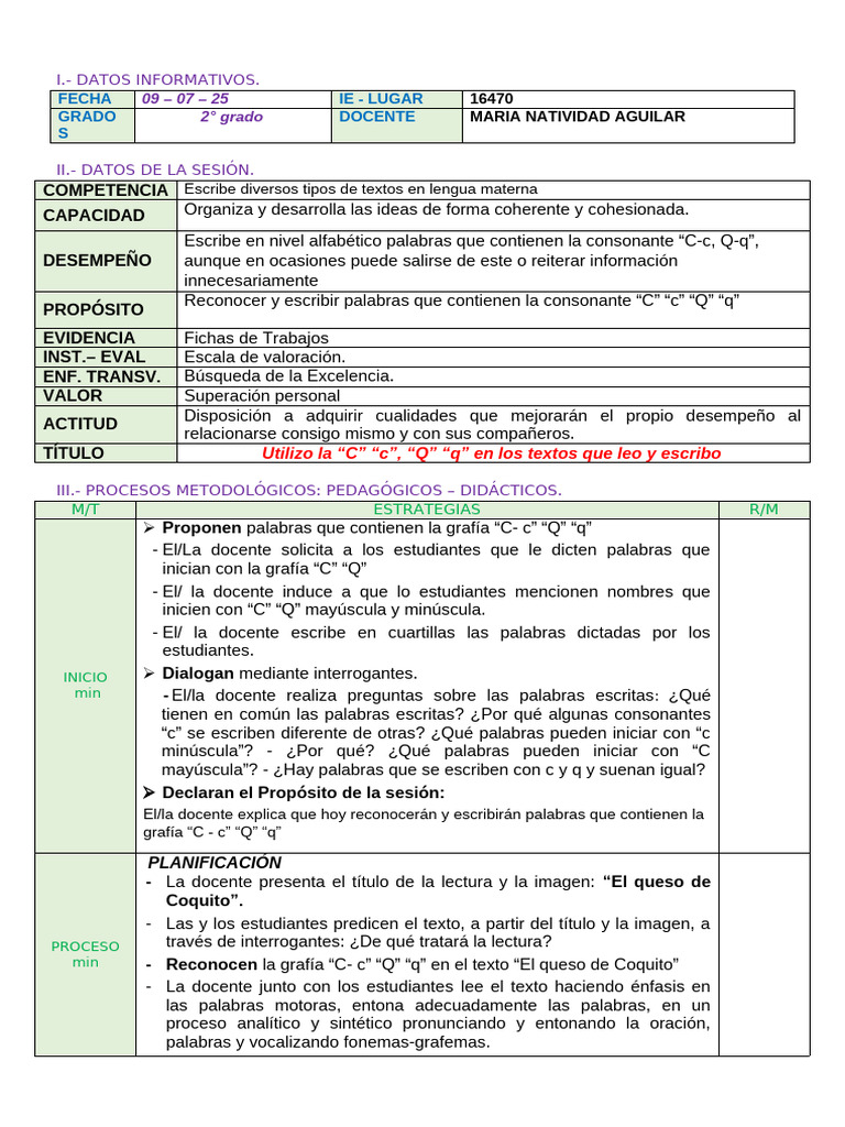 Comun - Fonema C, Q - Sesion | PDF | Escritura | Comunicación humana