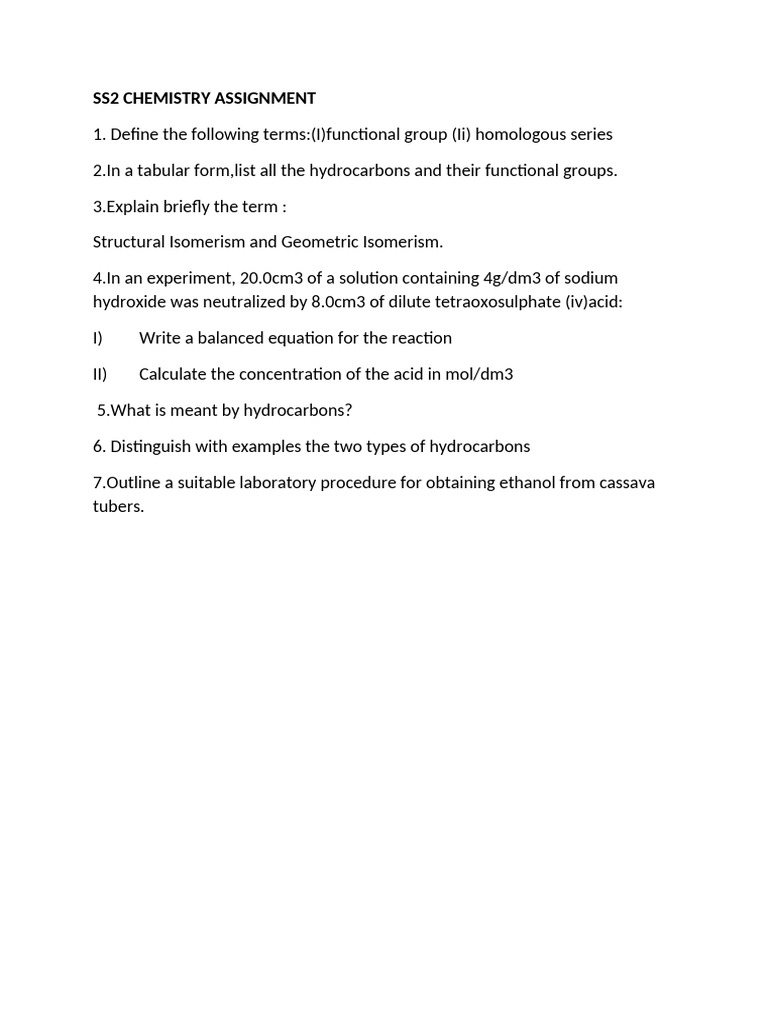 Ss2 Chemistry Assignment | PDF