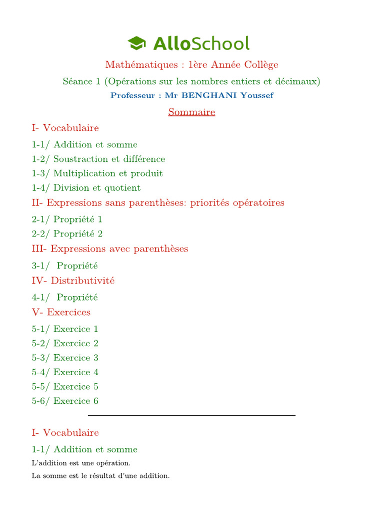 Seance 1 Operations Sur Les Nombres Entiers Et Decimaux 1 | PDF