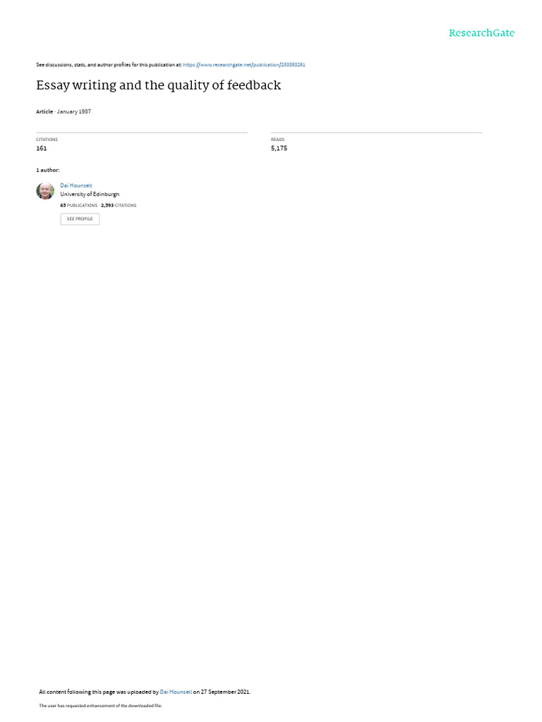 Houn Sell 1987 Essay Writing The Quality of Feedback | PDF | Essays ...