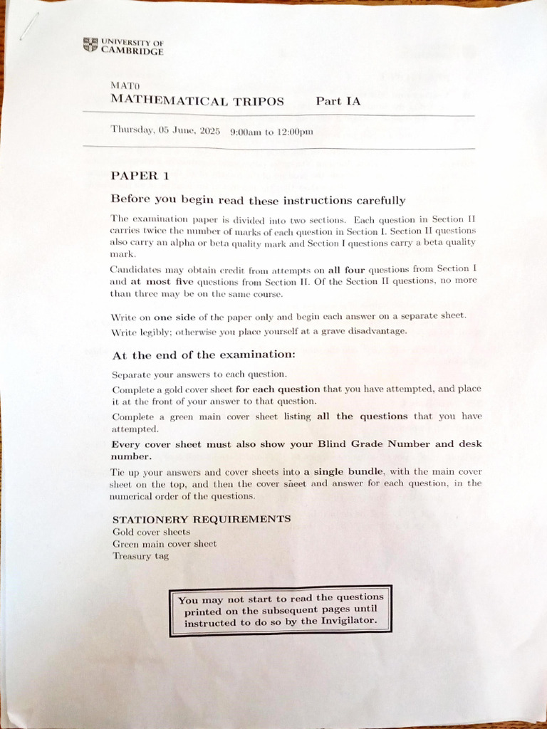 Cambridge Mathematics 2025 IA Tripos Paper 1 | PDF | Eigenvalues And ...