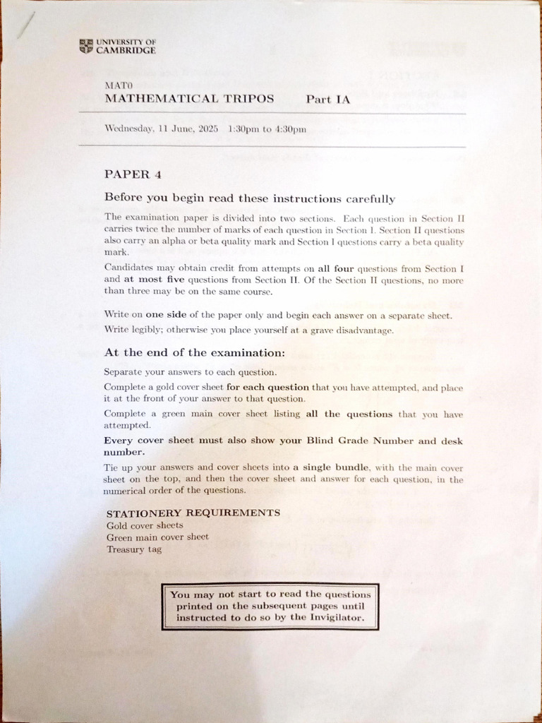 Cambridge Maths - 2025 IA Tripos Paper 4 | PDF | Force | Velocity